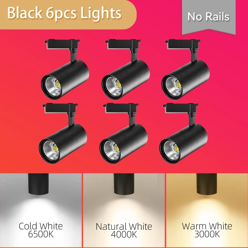 CHENBEN LED трековые прожекторы 20/30/40/50Вт 220В 6PCS Black No Rails, Neutral light 4500k, 50W