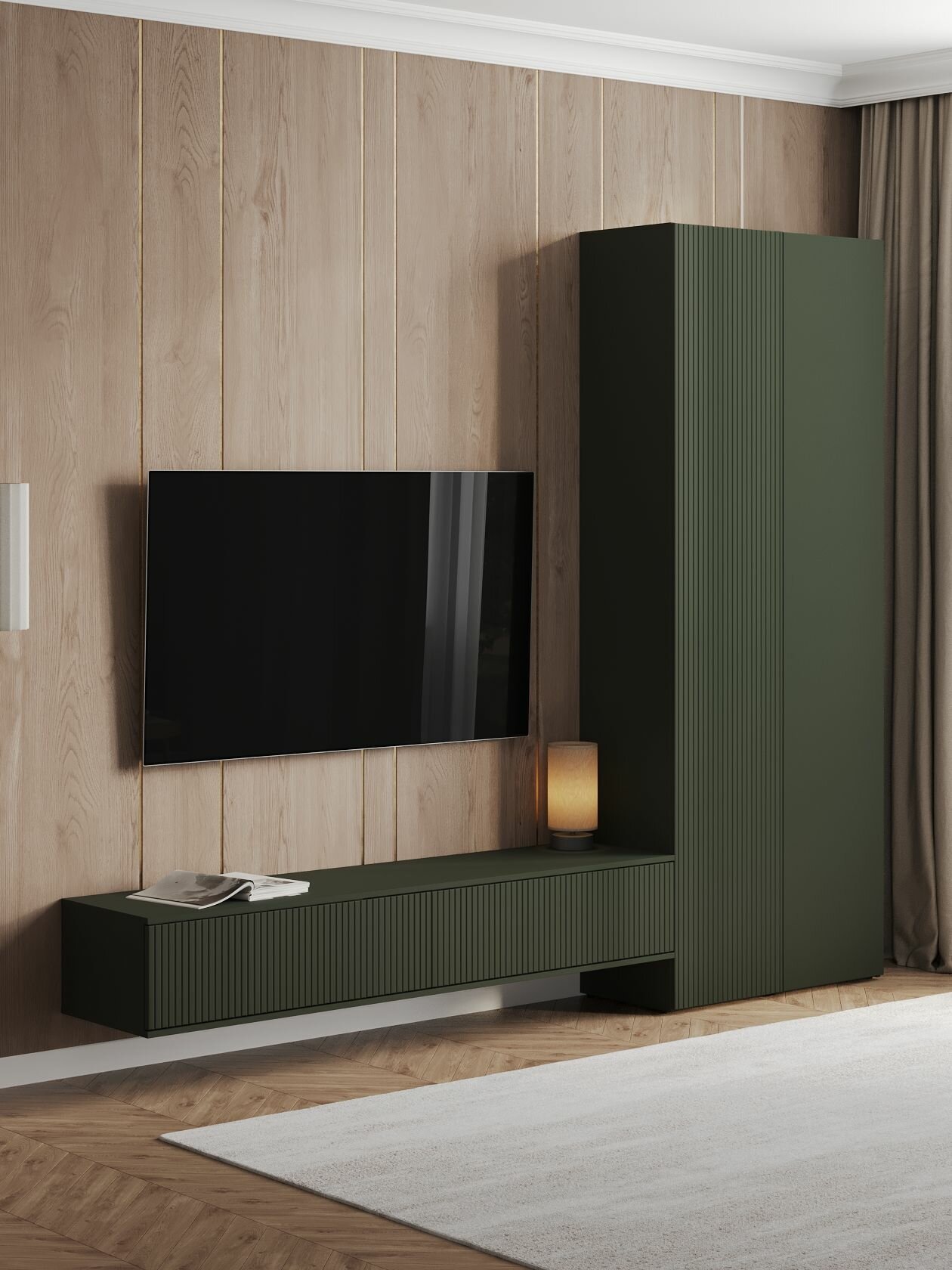 Гостиная комплект Амели Стандарт, тумба под телевизор, шкафы, 270.2х41.6х231 см, Оливковый базальт
