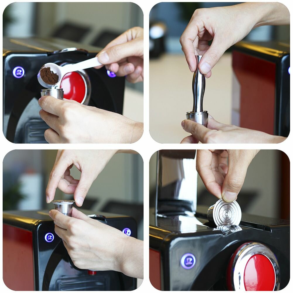 Многоразовая кофейная капсула из нержавеющей стали для кофемашин Nespresso с щёткой и ложкой
