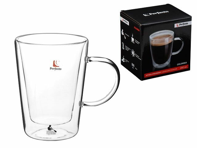 Кружка стеклянная с двойными стенками, 280 мл, серия COLOMBIA, PERFECTO LINEA (Стеклянная кружка ручной работы из боросиликатного стекла) (30-006280)