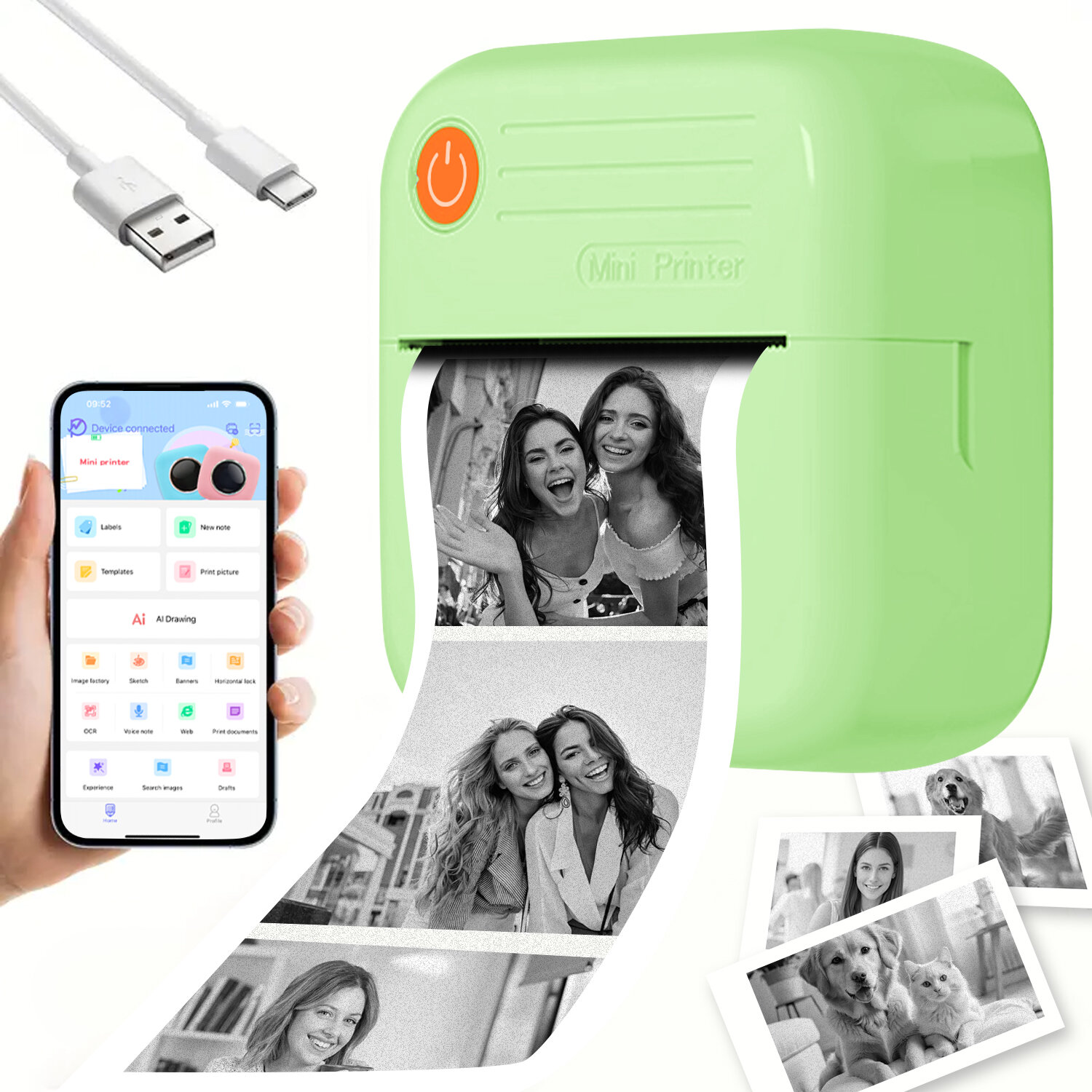 Мини-принтер беспроводной портативный для телефона для моментальной печати фото и наклеек с телефона, детский подарок термотрансферный, Монохромный
