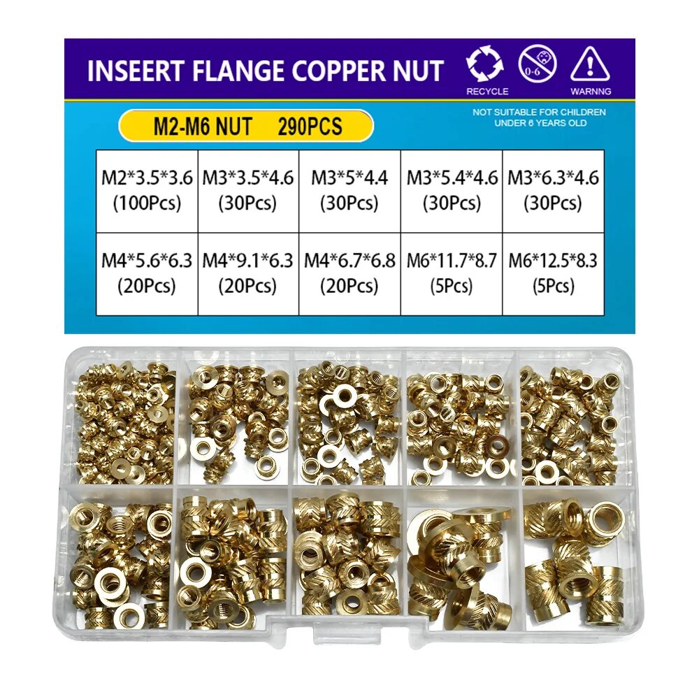 Комплект фланцевых вставок для гаек латунь М2-М8 M2-M6 290pcs
