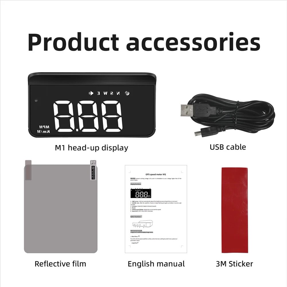 M3 HUD Obd2 Дисплей бортового компьютера Автомобильный проекционный дисплей Лобовое стекло Проекция с большим шрифтом E-OBD и GPS Подходит для всех автомобилей M1 M1-GPS