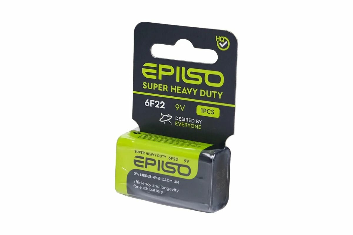 Элемент питания батарейка крона EPILSO солевая, угольно-цинковая, 360 мАч, 6F22 1 Shrink Card 9V крона, арт. EPB-6F22-1SC