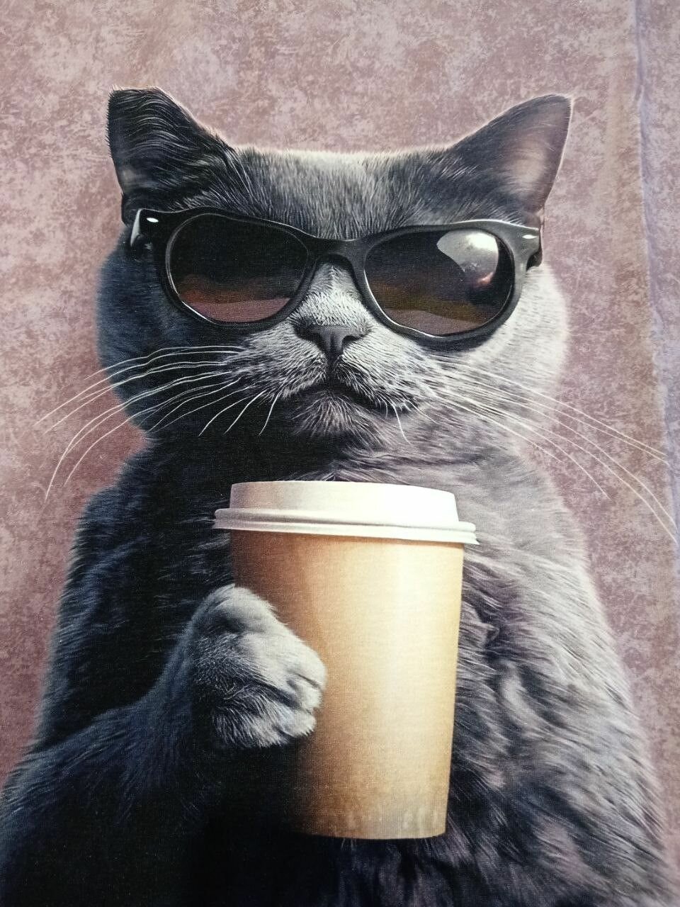 Кулирка с лайкрой купон "Кот в очках с кофе" ширина 180см, высота 80 (+-2)см пенье