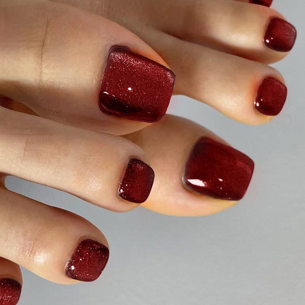 Бордовые ногти на ногах "кошачий глаз", сверкающий шпат, короткие блестящие квадратные ногти на ногах "кошачий глаз", 24 штуки ногтей на ногах