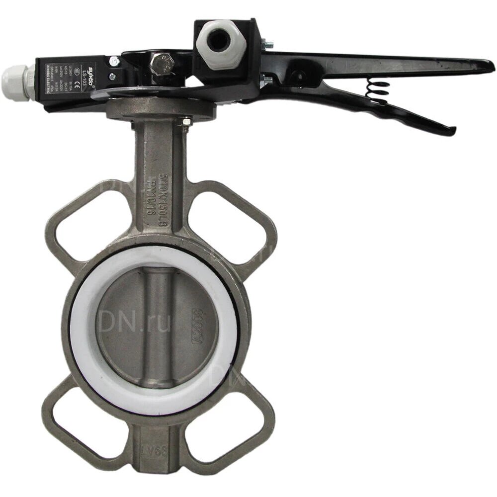 Затвор DN.ru 316L-316L-PTFE Ду100 Ру16 с рукояткой и двумя концевыми датчиками LS-103-41NM2-250