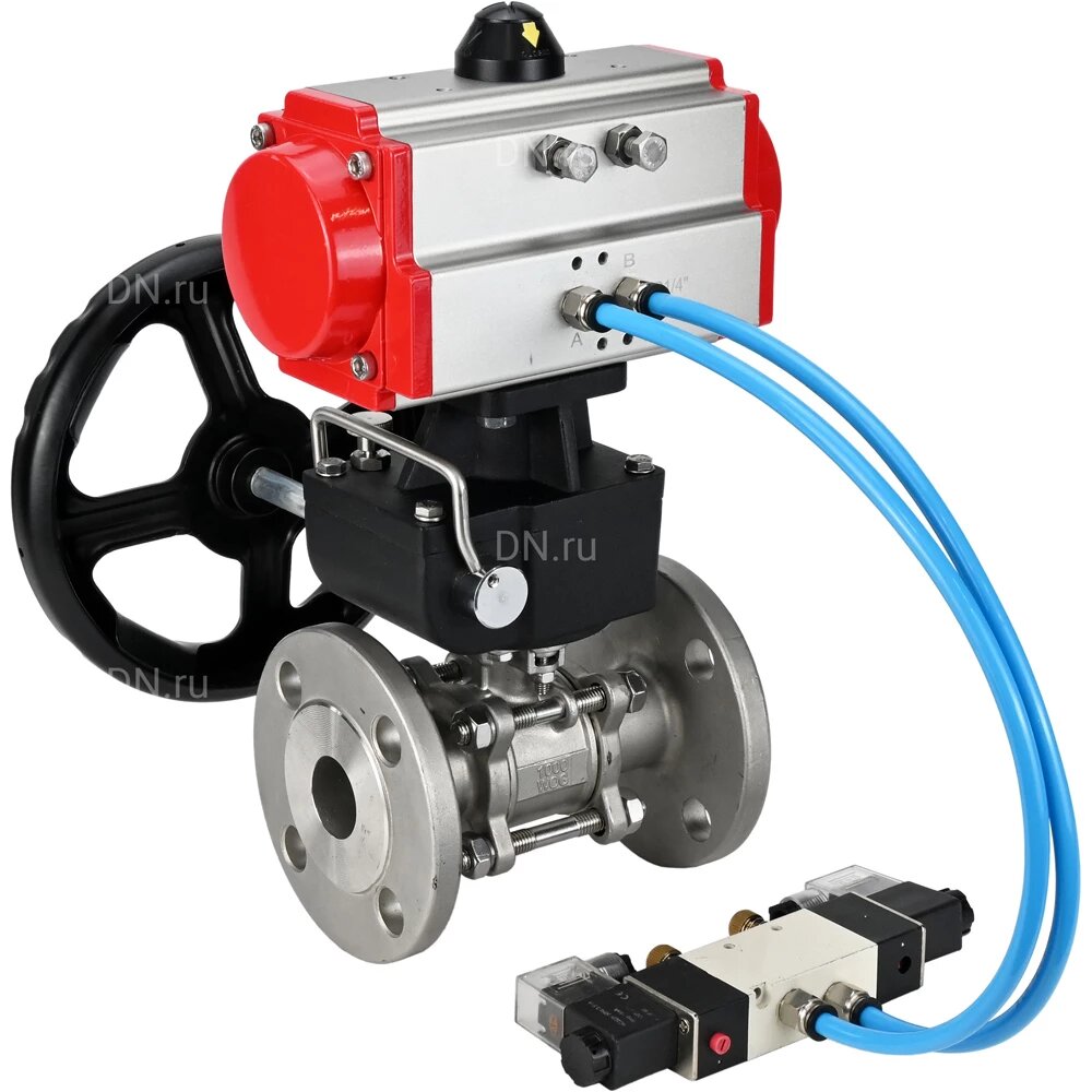 Кран шаровой DN.ru 316-316-FP-F-ISO-H Ду80 Ру40 фланцевый с ISO-фланцем, корпус - нержавеющая сталь 316, полнопроходной, уплотнение - PTFE, с пневмоприводом DA-083, пневмораспределителем PND1-S2EM-52-2-T10-220VAC, ручным дублером HDM-2