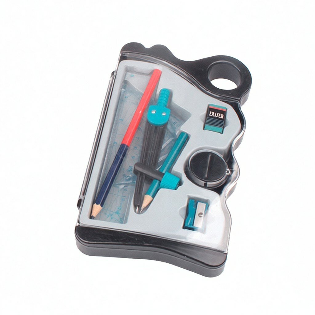 Набор для геометрии из 8 элементов: линейки, транспортир, компас, ластик, тушилка для карандашей, пластиковый, синий/красный (случайный цвет), размер упаковки 21.3*12.6*2.4 см, вес 175 г, для школьников, учителей, дизайнеров, канцелярия