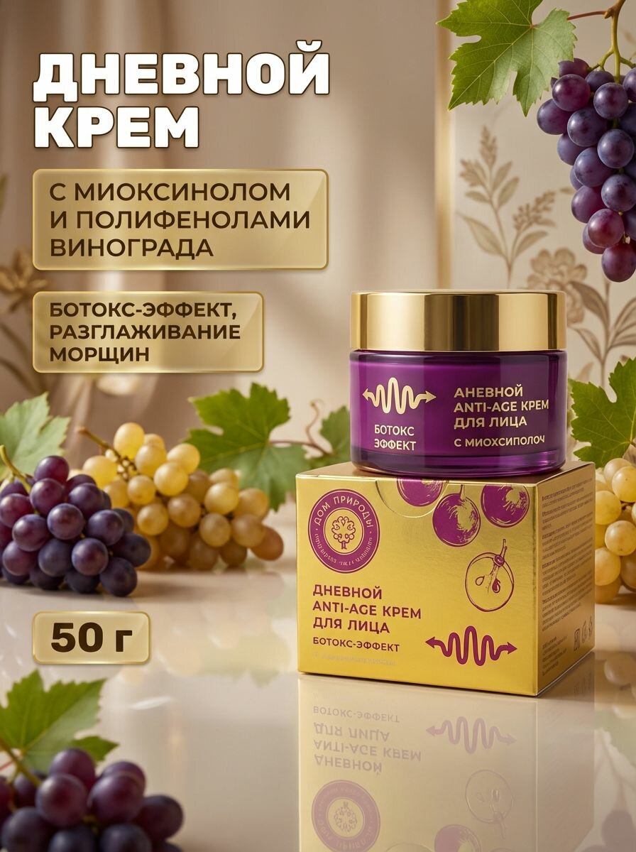 Крем для лица Ботокс-эффект дневной виноградный Anti-age увлажняющий с миоксинолом и полифенолами, 50 г