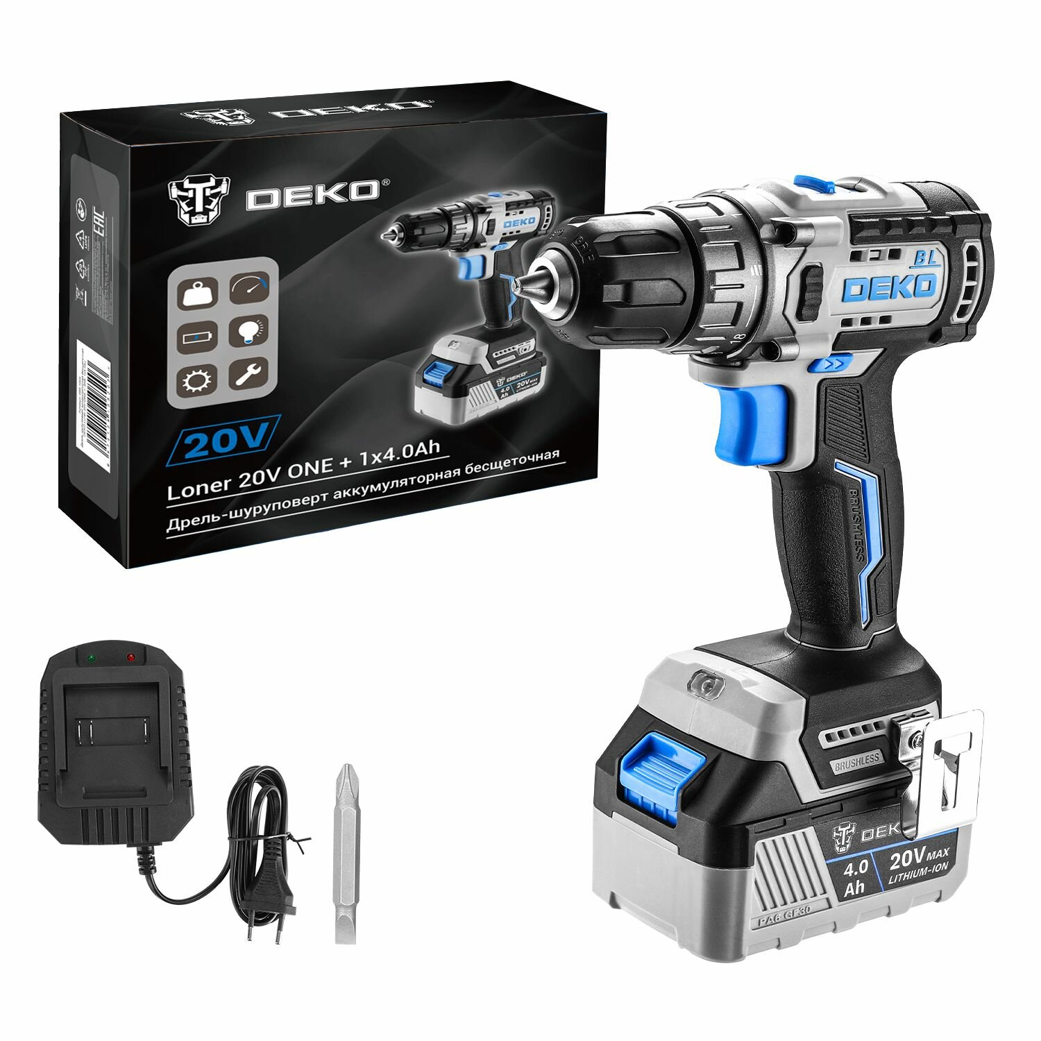 Аккумуляторная бесщеточная дрель-шуруповерт DEKO Loner 20V ONE +, 20В, 1x4.0 Ач 085-1004