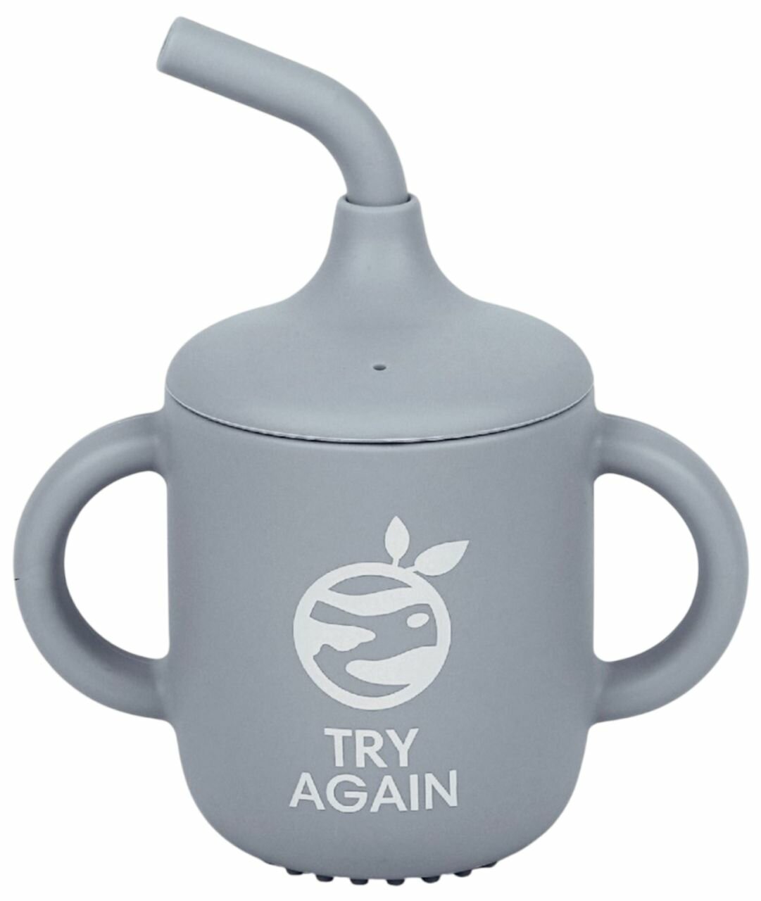 Детский силиконовый поильник-непроливайка "Try again", кружка для малышей с 2 удобными закругленными ручками, съемной крышкой и трубочкой, 200 мл, цвет серый