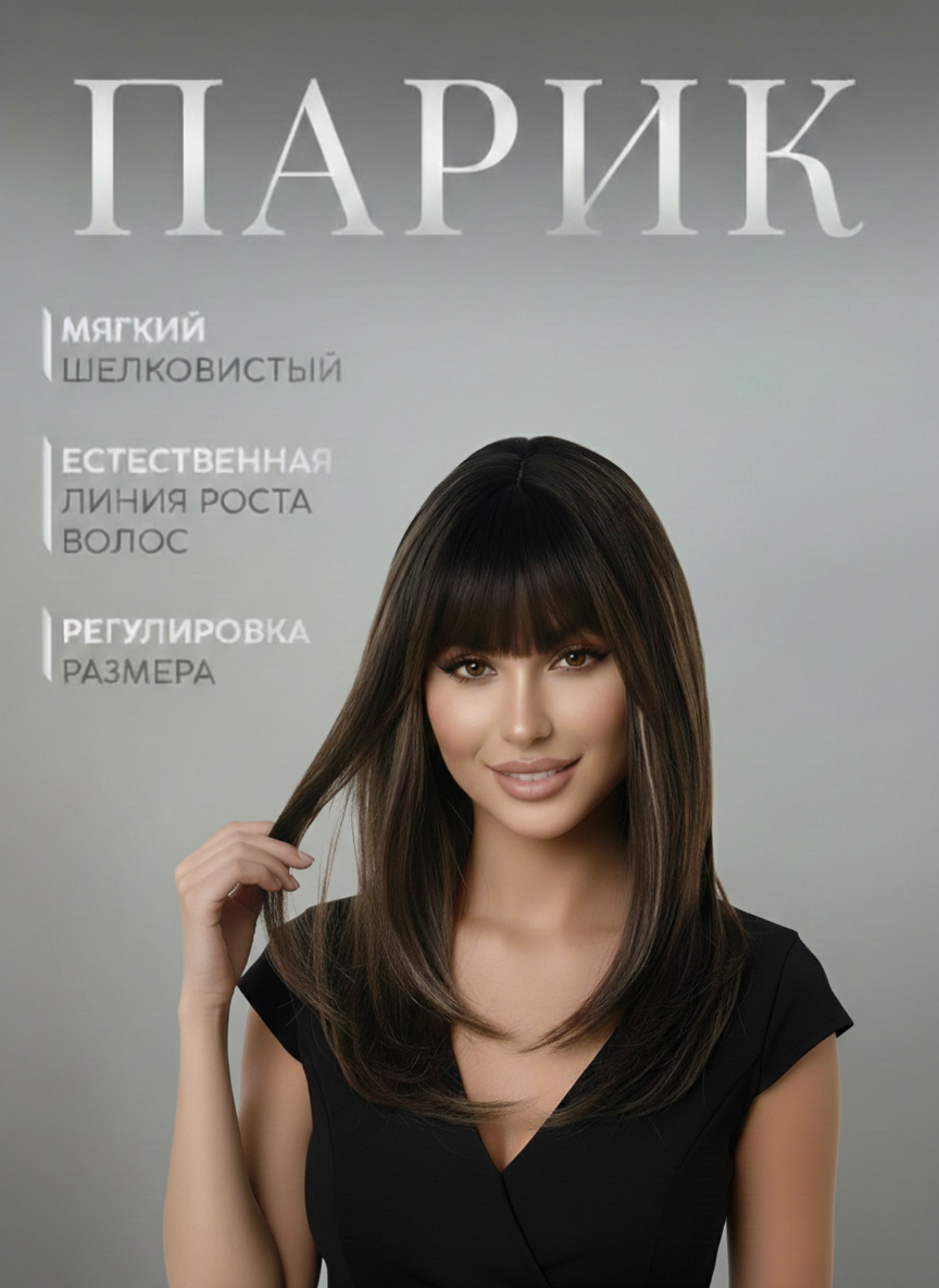 Парик женский, удлиненное каре с челкой, коричневый, длина волос 45 см