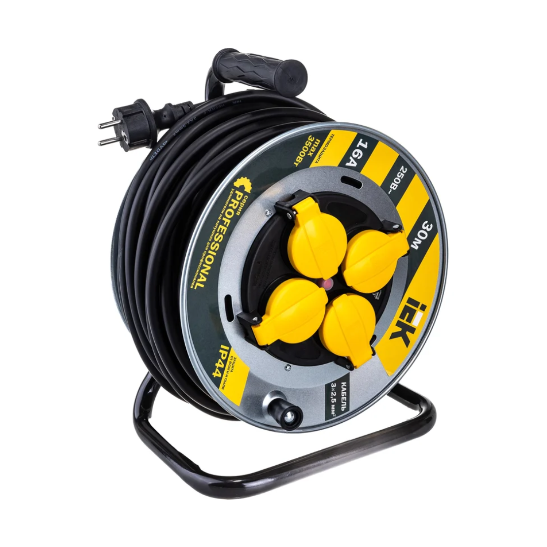 Удлинитель на катушке Iek WKP17-16-04-30-44, 30 м, 3500 Вт, КГ 3х2,5 кв. мм, IP44, термозащита, черный/желтый