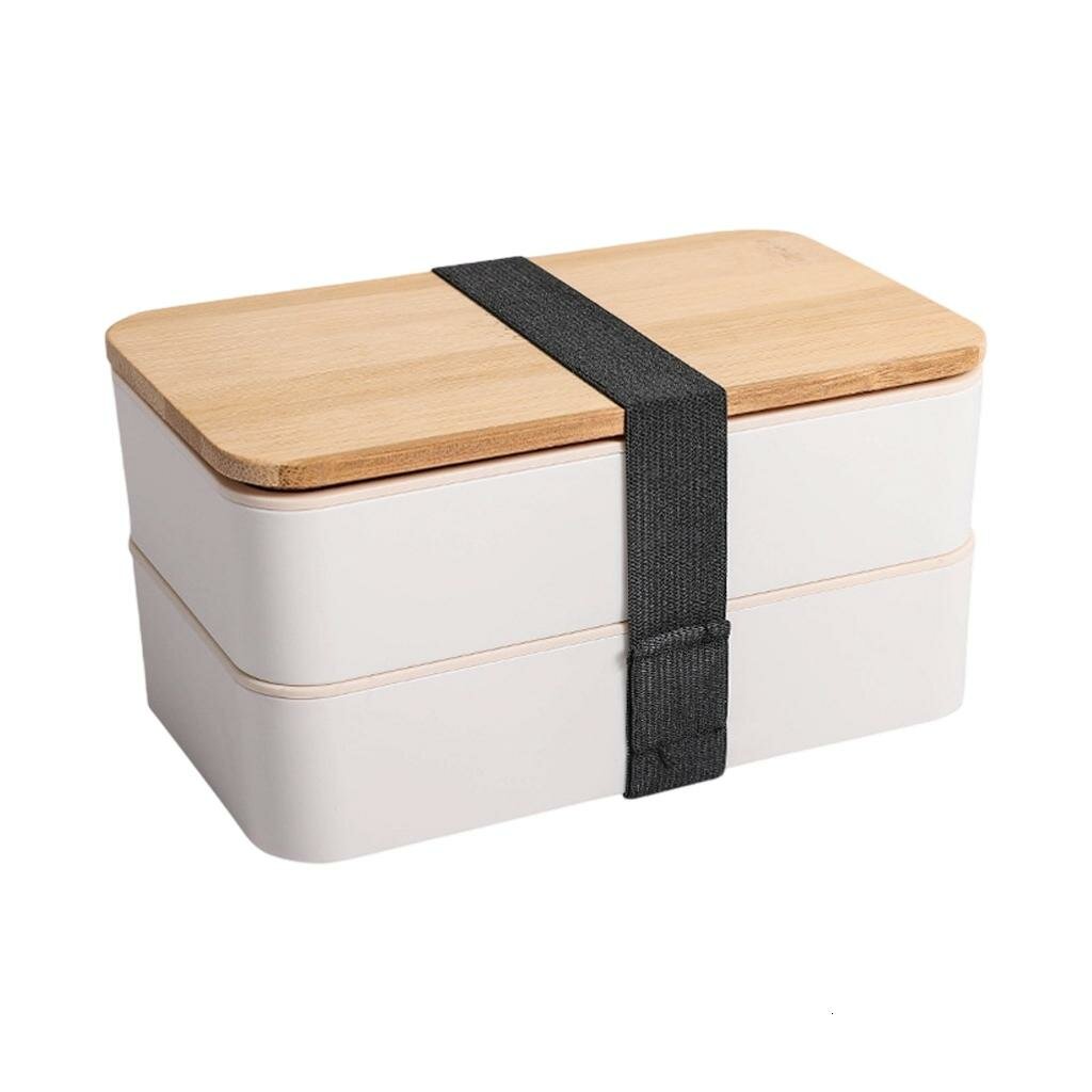 Японский бенто-бокс 1200 мл с двойным слоем, крышкой из бамбука и набором столовых приборов, Белый - коробка для ланча