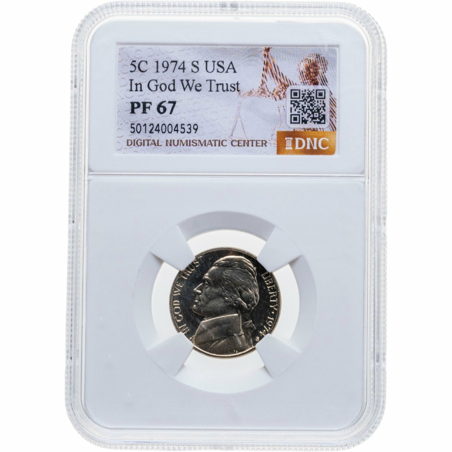 США 5 центов cents 1974 S "Jefferson Nickel Джефферсон" в слабе DNC PF67, Мельхиор медь-никель