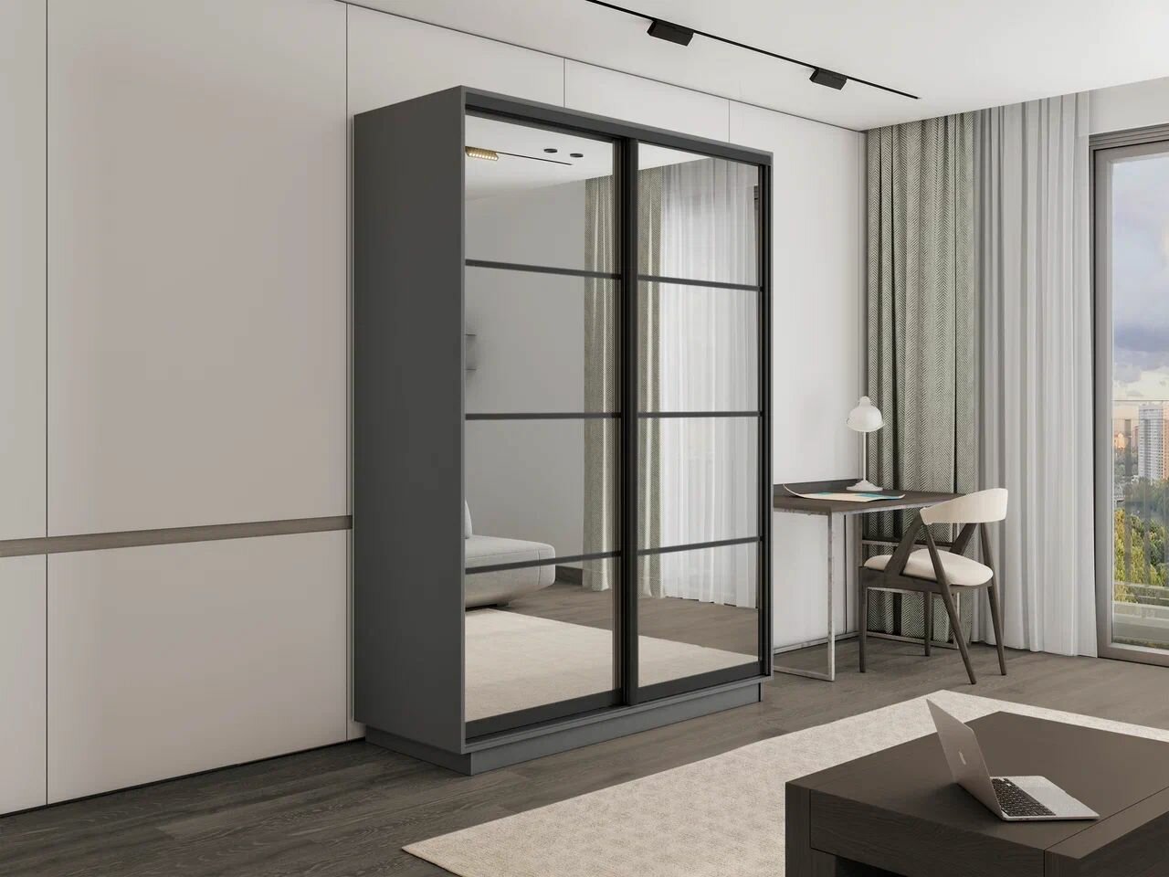 Шкаф-купе Экспресс 1,6м, высокий 2,4м и узкий 44см, Зеркало/Серый диамант/Черный профиль