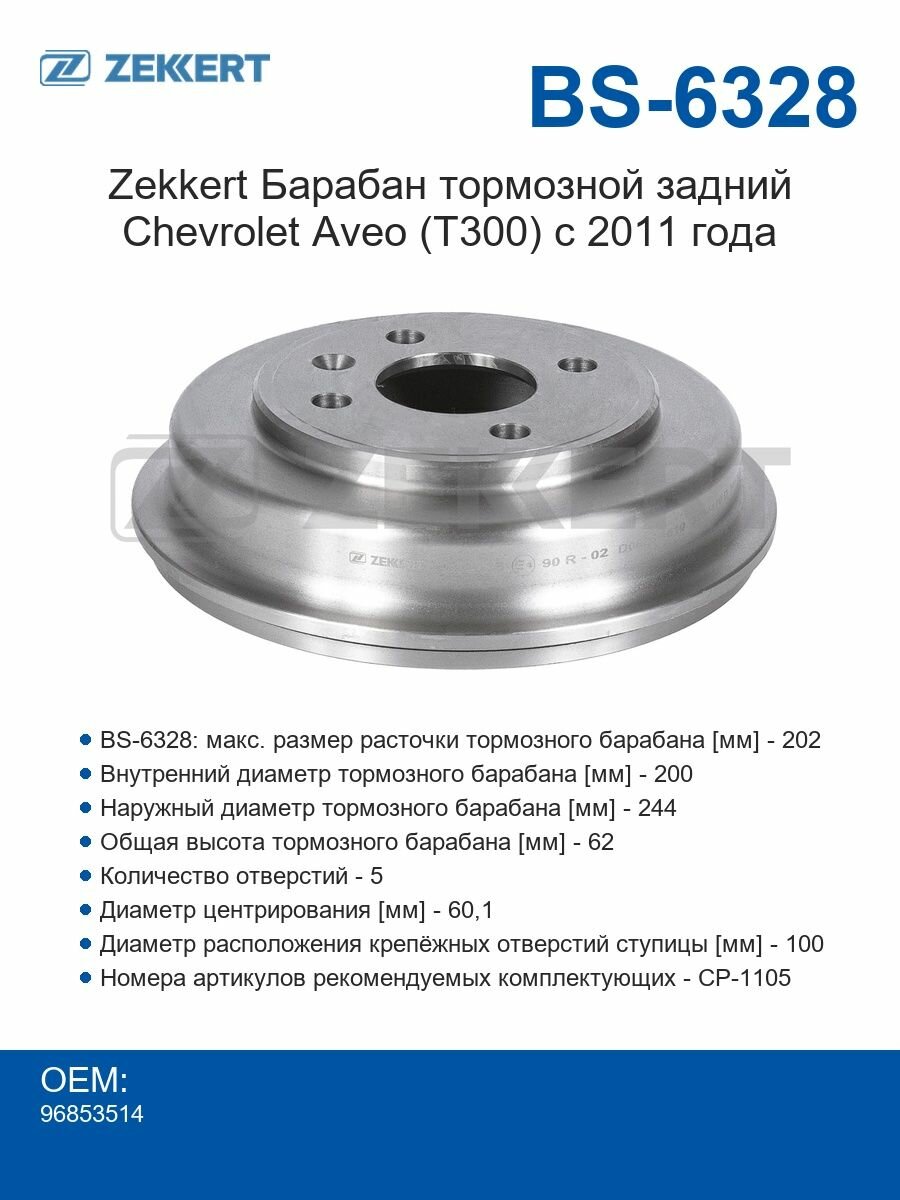 Zekkert Барабан тормозной задний Chevrolet Aveo (T300) с 2011 года