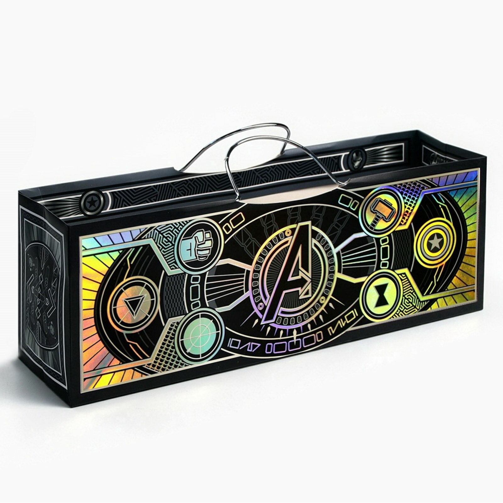 Пакет подарочный под бутылку с тиснением "Поздравляю", Мстители, 35.5x12.5x9 см