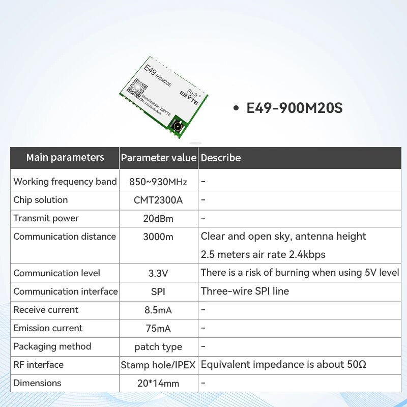 Модуль беспроводной E49-900M20S 850-930MHz, 3.3V, SPI