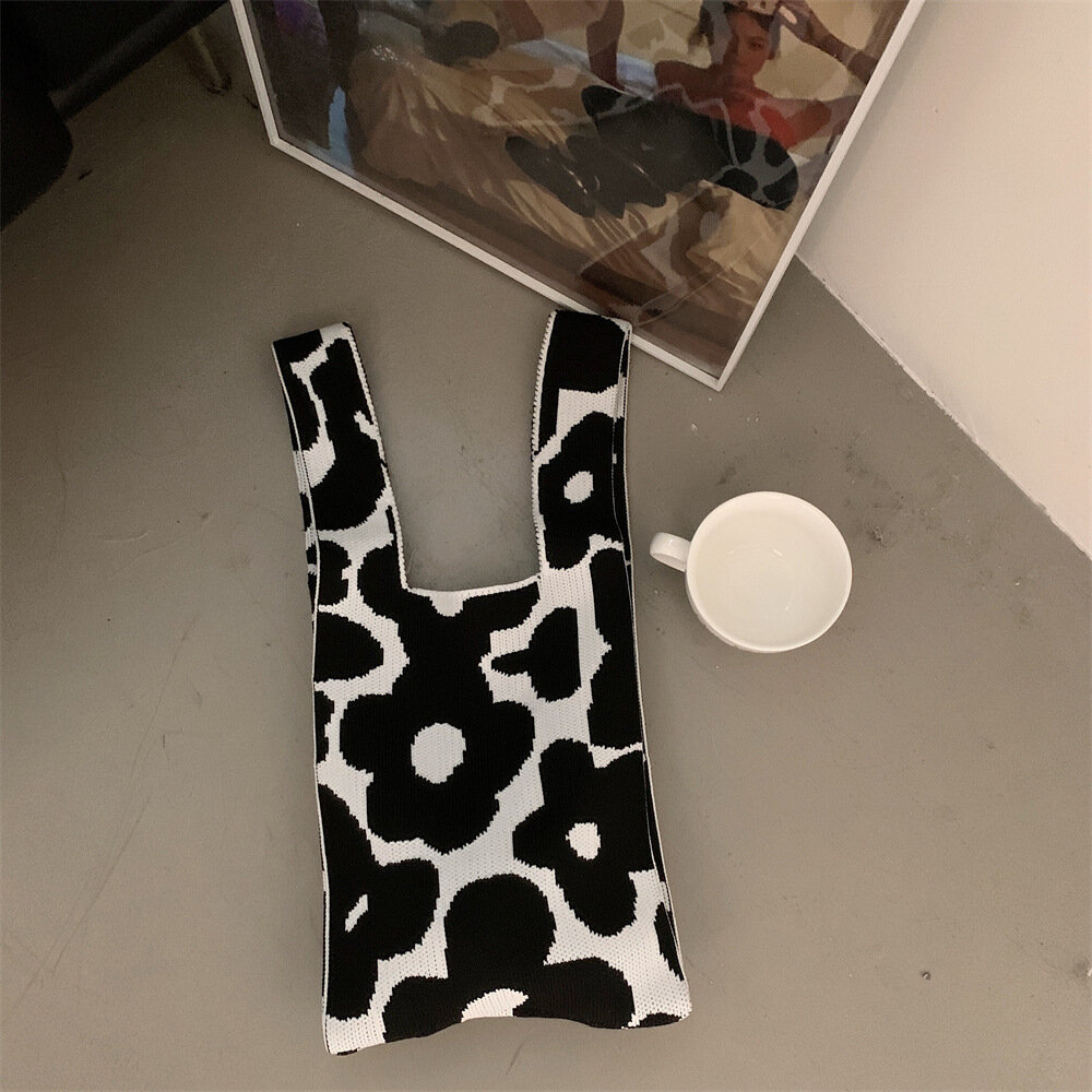 28221 Вязаная сумка через плечо, плетеный клатч с цветами, ручная сумка контрастного цвета, портативная сумка для покупок, прогулочная сумка