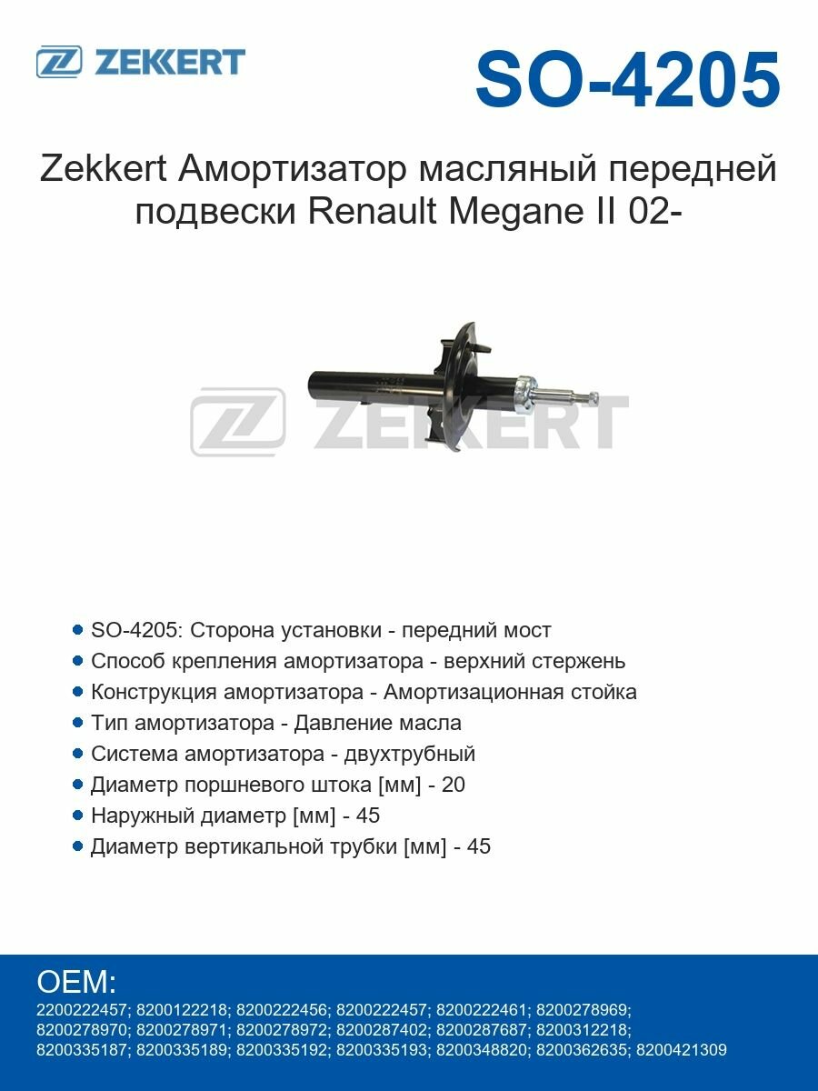 Zekkert Амортизатор масляный передней подвески Renault Megane II 02-