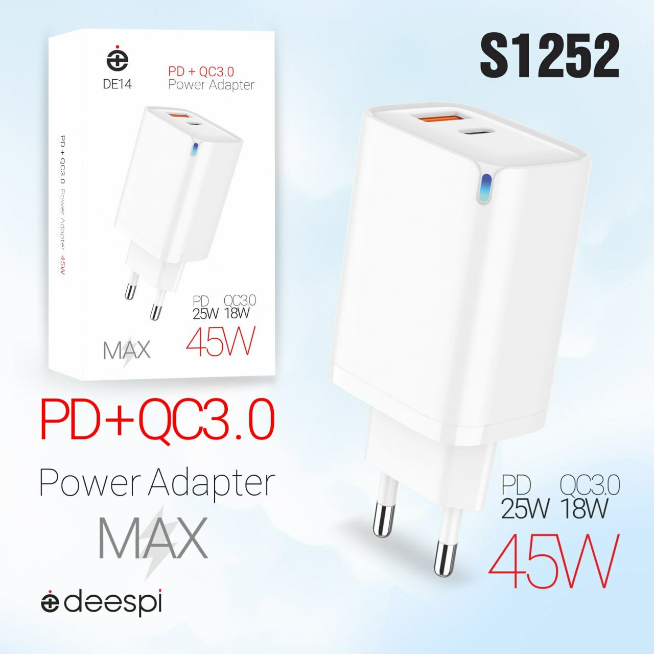 Сетевое зарядное устройство для телефона deespi DE14 25W QC3.0+PD25W White / Зарядка для Andoid и Iphone / Блок питания