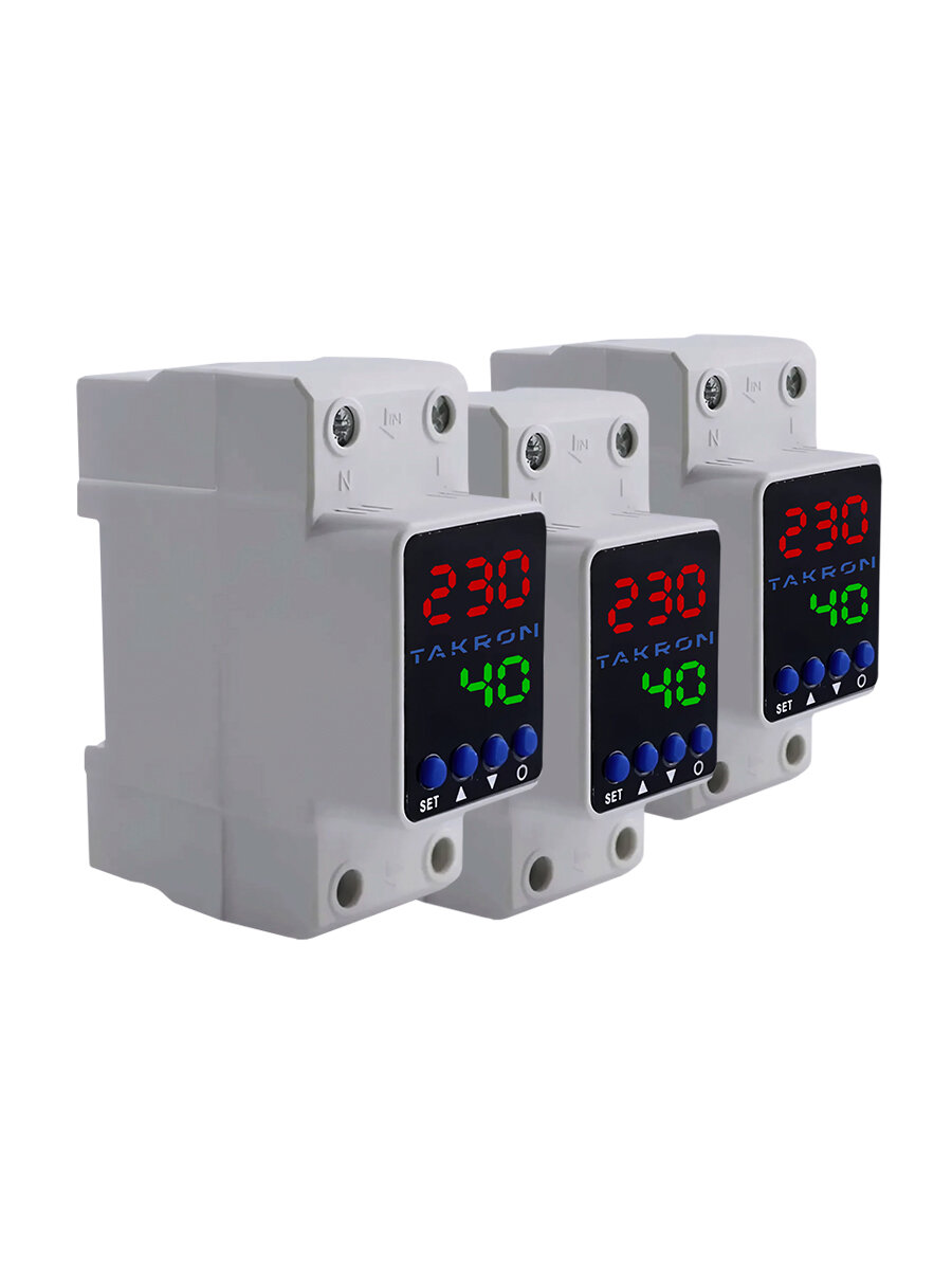 Реле напряжения и тока TAKRON TN-R1-40А, однофазное, IP20, 3шт, белый матовый
