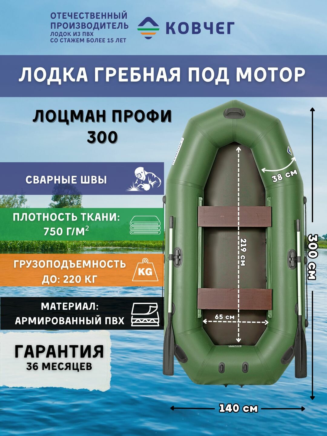 Лодка гребная под мотор Лоцман Профи 300