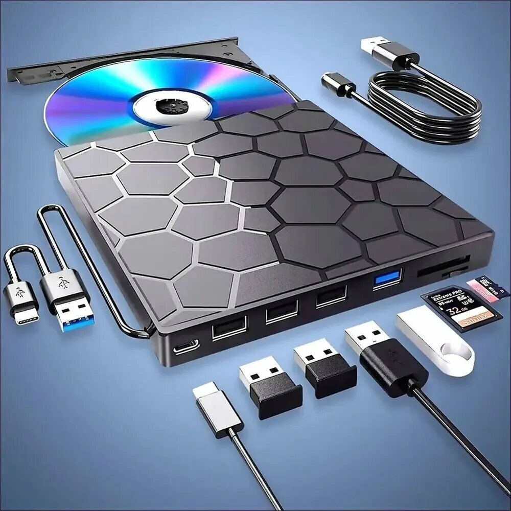 Внешний CD/DVD-привод для ноутбука, DVD-плеер для ноутбука, Ультратонкий портативный USB 3.0 8 в 1, внешний дисковод для записи DVD/ CD, плеер и записывающее устройство CD/VCD/DVD