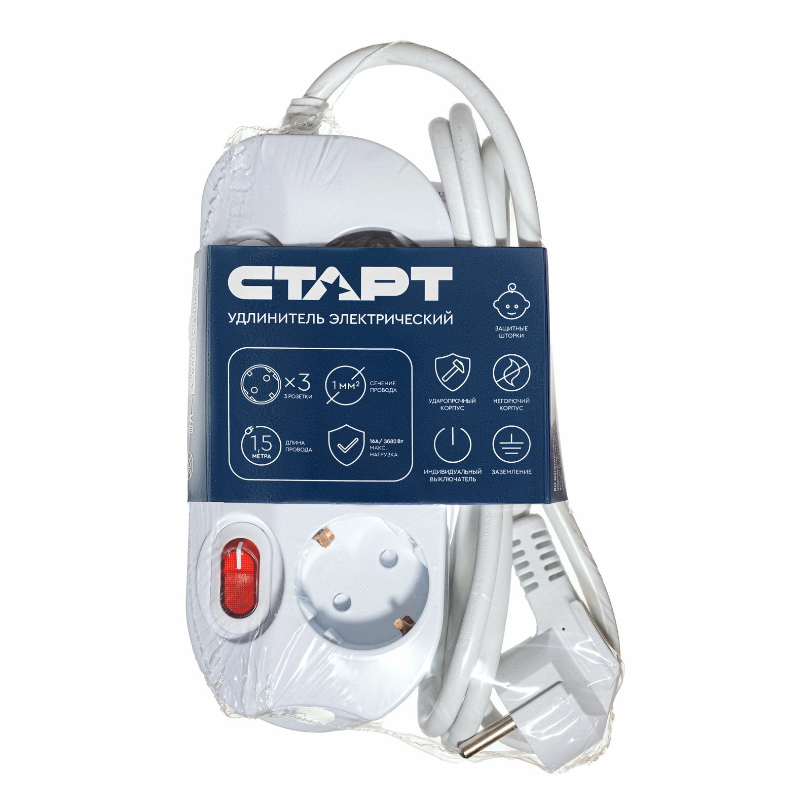 Удлинитель 3 розетки, 1.5 м, 16 А, ПВС 3x1 мм2, с заземлением, индивидуальные кнопки включения, IP20, белый