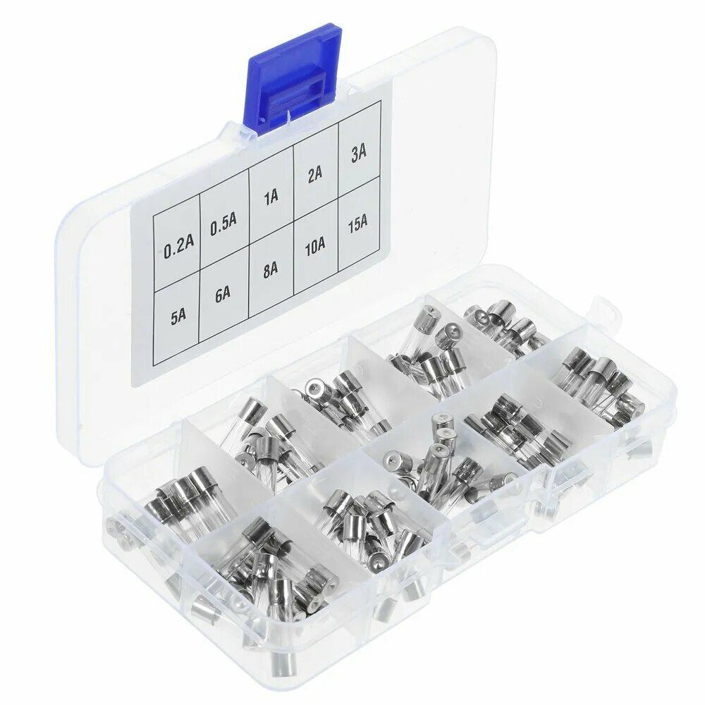 Комплект стеклянных автомобильных предохранителей 0.5-15 ампер для авто 100 шт