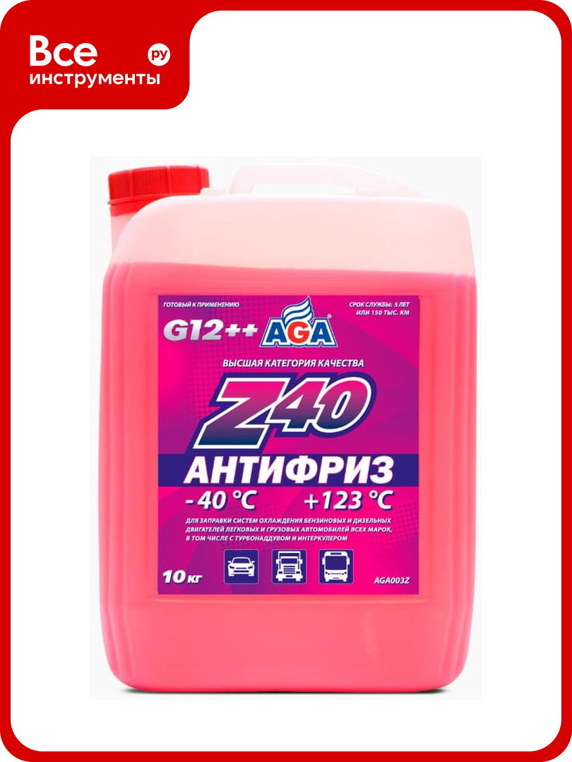 Антифриз AGA готовый к применению, красный, -40С, 10 кг, G-12++ AGA003Z