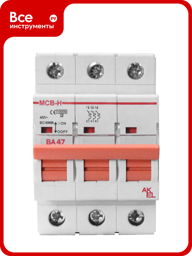 Выключатель автоматический Akel ВА47-MCB-H-3P-D25-AC, модульный тип, трехполюсный, защита IP20, белый корпус