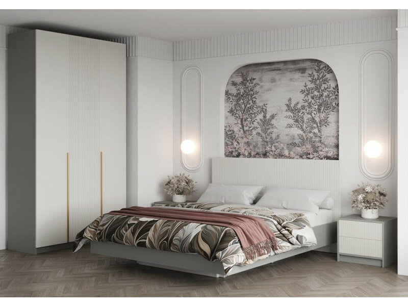 Спальный гарнитур из МДФ, кровать+тумбочки+трехдверный шкаф, 160х200, шиншилла серая/кварц грей