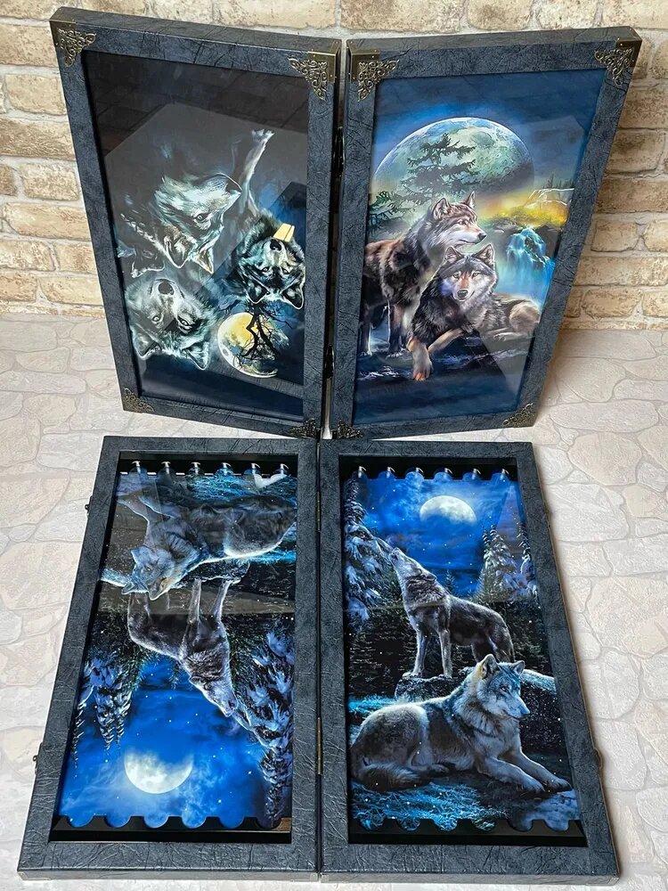 Нарды подарочные "Ночные Волки", большие 60 на 60 см, игровое поле под стеклом, из натурального дерева, обтянуты экокожей премиум класса, нарды большие деревянные