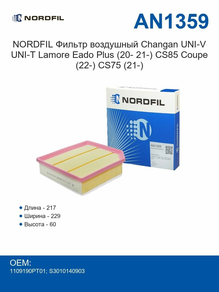 NORDFIL Фильтр воздушный Changan UNI-V UNI-T Lamore Eado Plus (20- 21-) CS85 Coupe (22-) CS75 (21-)