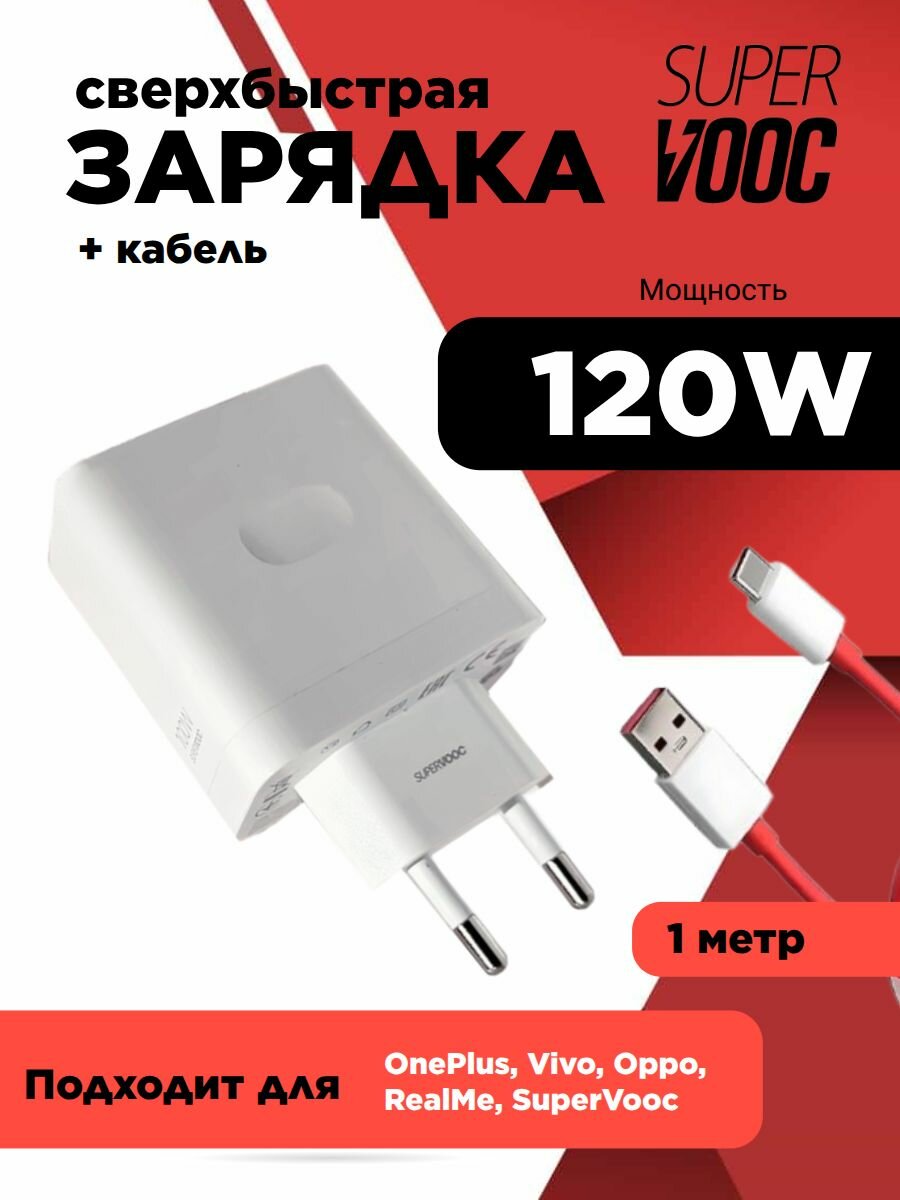 Зарядное устройство Supervooc 120W с поддержкой быстрой зарядки USB/Type-C для OnePlus/Realme/Oppo (Блок питания и кабель)
