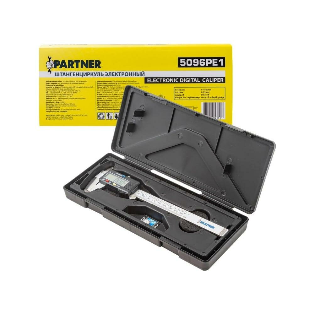 Электронный штангенциркуль Partner 0-150 мм, 0.01 мм; внутр. Ø, наруж. Ø + глубиномер, в пластиковом футляре PA-5096PE1(26620)