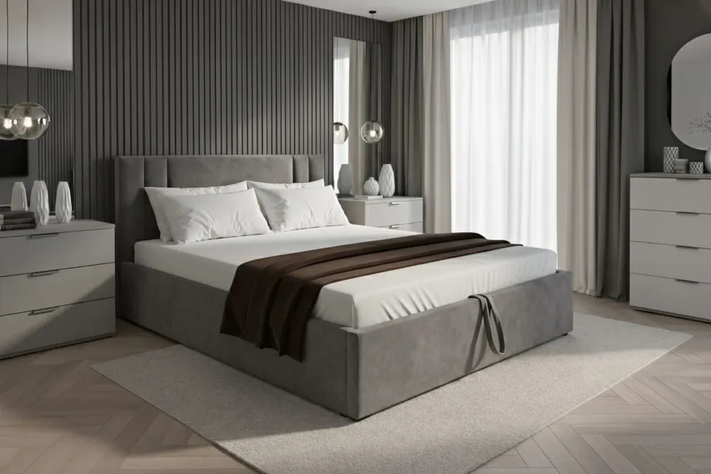 Кровать двуспальная 180х200, с подъемный механизмом и ящиками для белья, Аниса, Темно-серая
