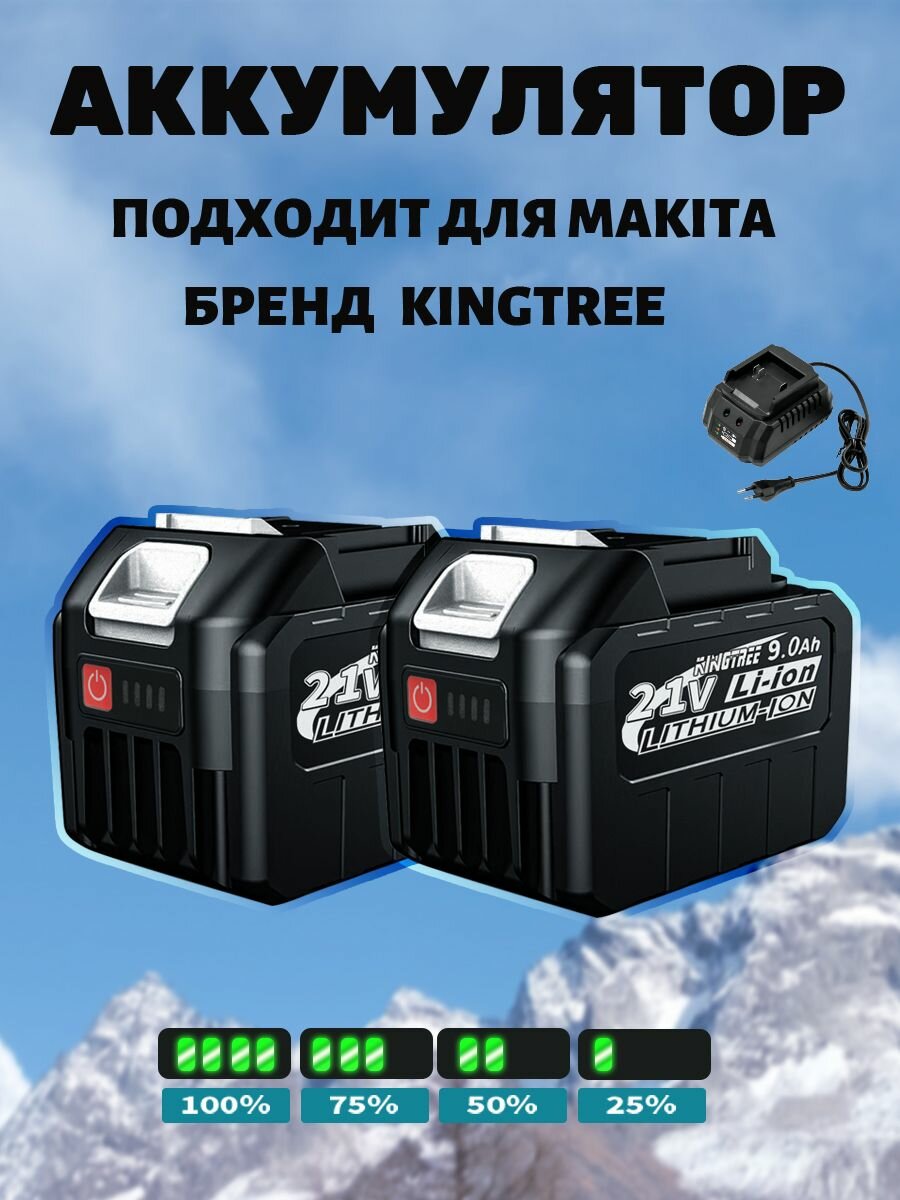 KingTree 21V 3.0Ah Литиевая батарея для наружного электроинструмента, последняя модель Аккумулятор(2 АКБ 9,0 Ач)+Зарядное устройство