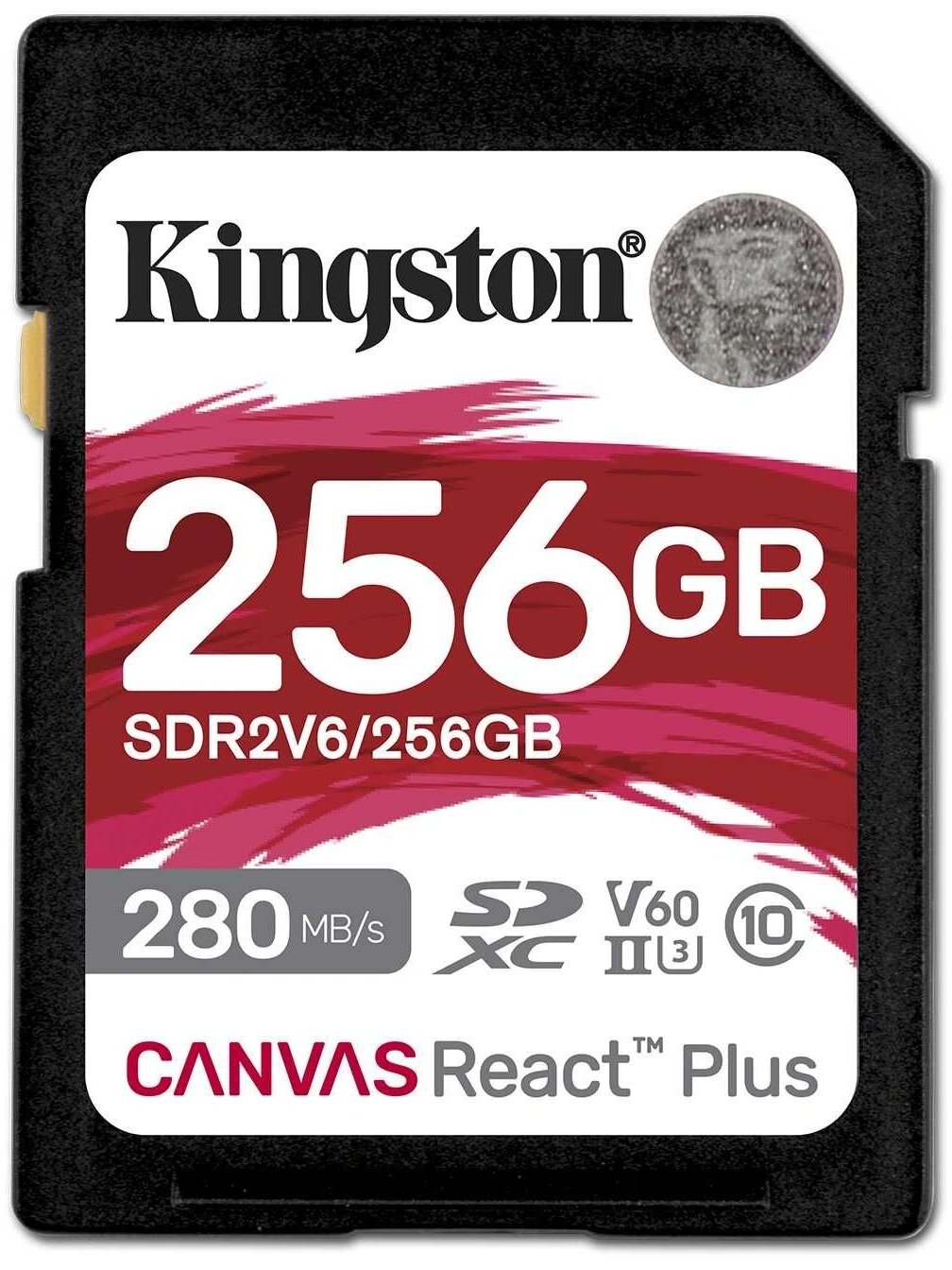 Карта памяти SDXC UHS-II Kingston Canvas React Plus 256 ГБ, 280 МБ/с, Class 10, SDR2V6/256GB, 1 шт, без адаптера