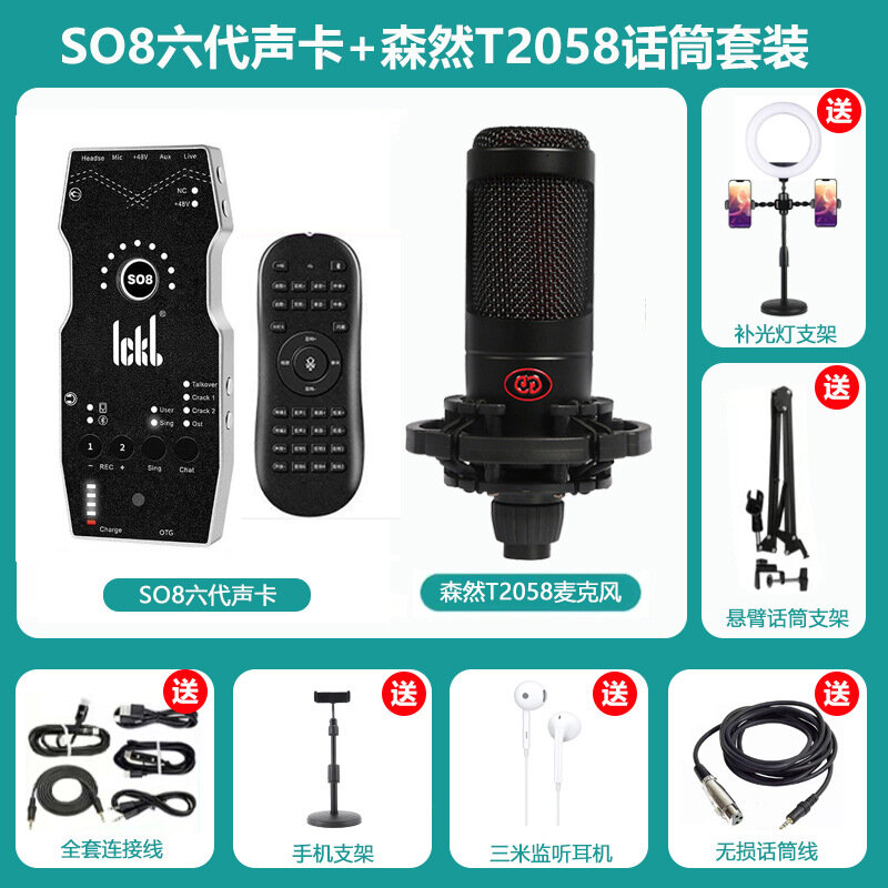 Мобильный телефон и компьютер, внешняя звуковая карта, оборудование для пения и прямых трансляций, комплект микрофонов для караоке.