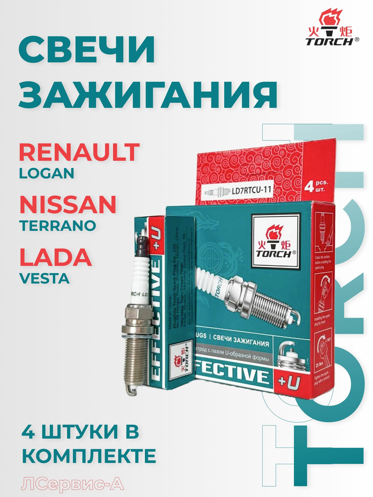 Комплект свечей зажигания Torch одноэлектродные для: Nissan Juke Tiida Terrano Qashqai; Renault Logan Duster Kaptur