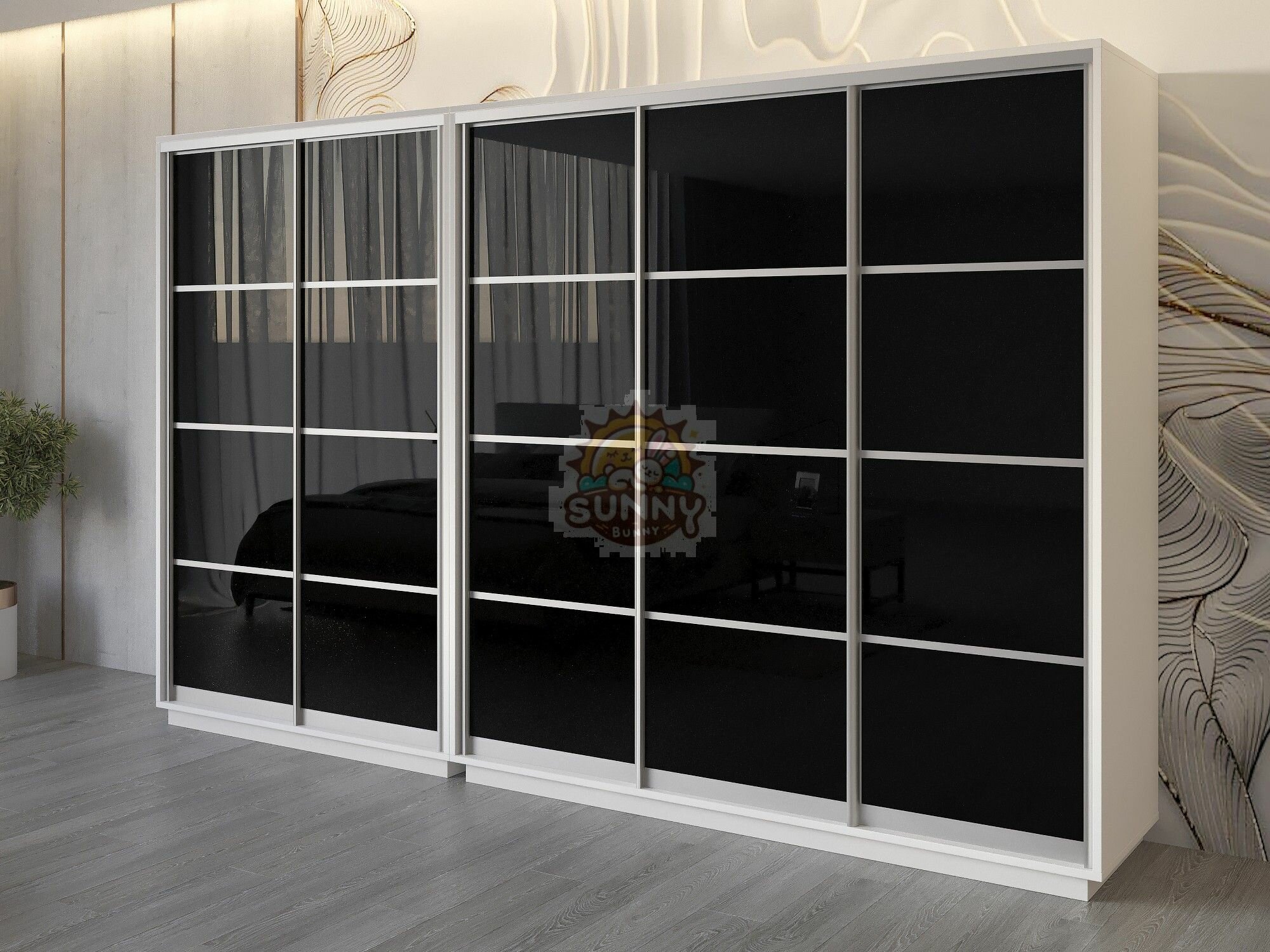 Шкаф-купе Флорида 5дв. (2+3) Стекло черное, профиль серебро, 300х60х220 см. Белый снег