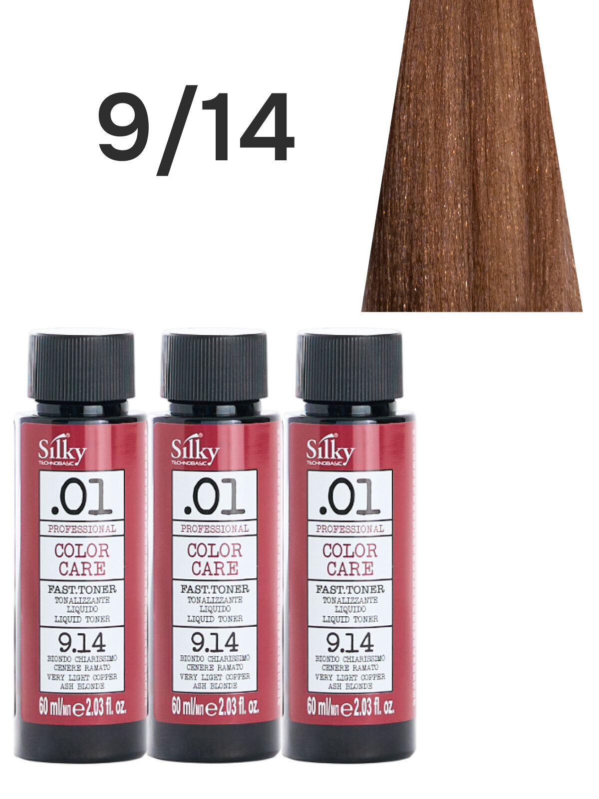 Краска тонирующая для волос Silky Techno Basic Professional Color Care Fast.Toner 9/14 Блонд Пепельно-медный, 3х60 мл