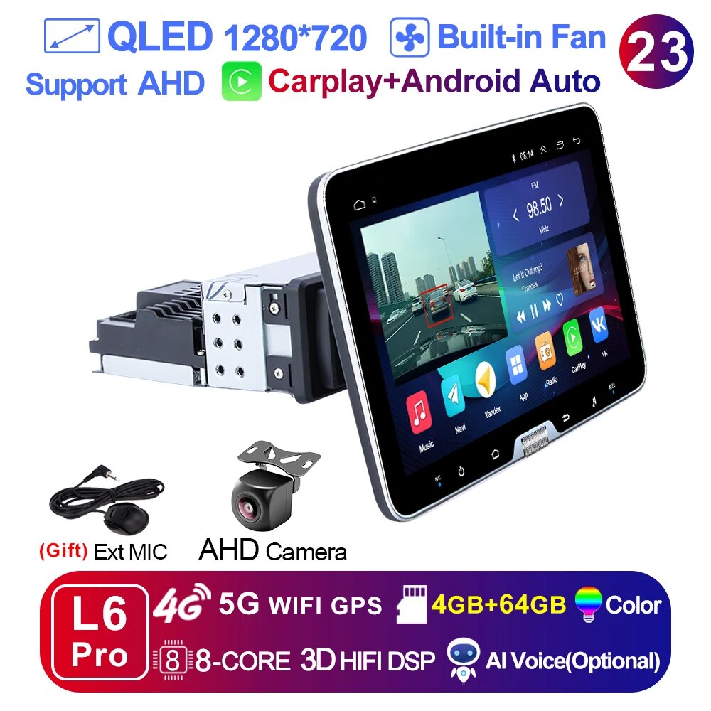 LEHX L6Pro 8Core Qled 10-дюймовое вращение 4G 1 Din Android 13 Автомобильное радио L6 Pro(4-64GB)CAM