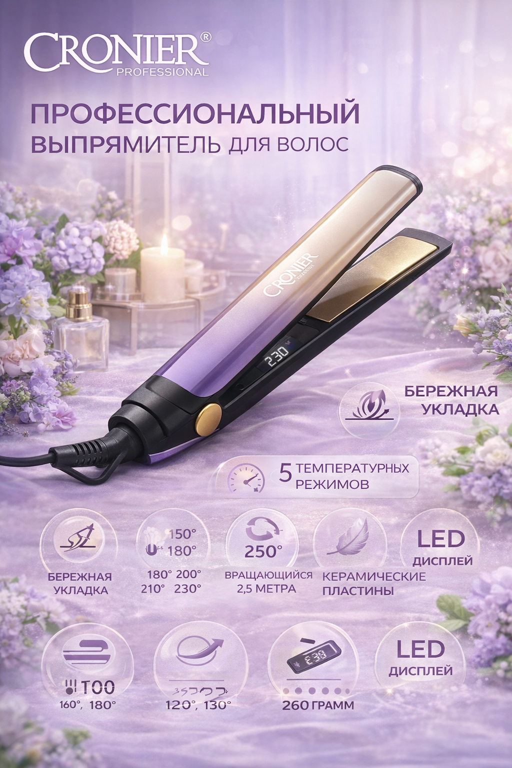 Профессиональный выпрямитель для волос CRONIER CR-924 с LED-дисплеем, керамическими пластинами и режимами температуры