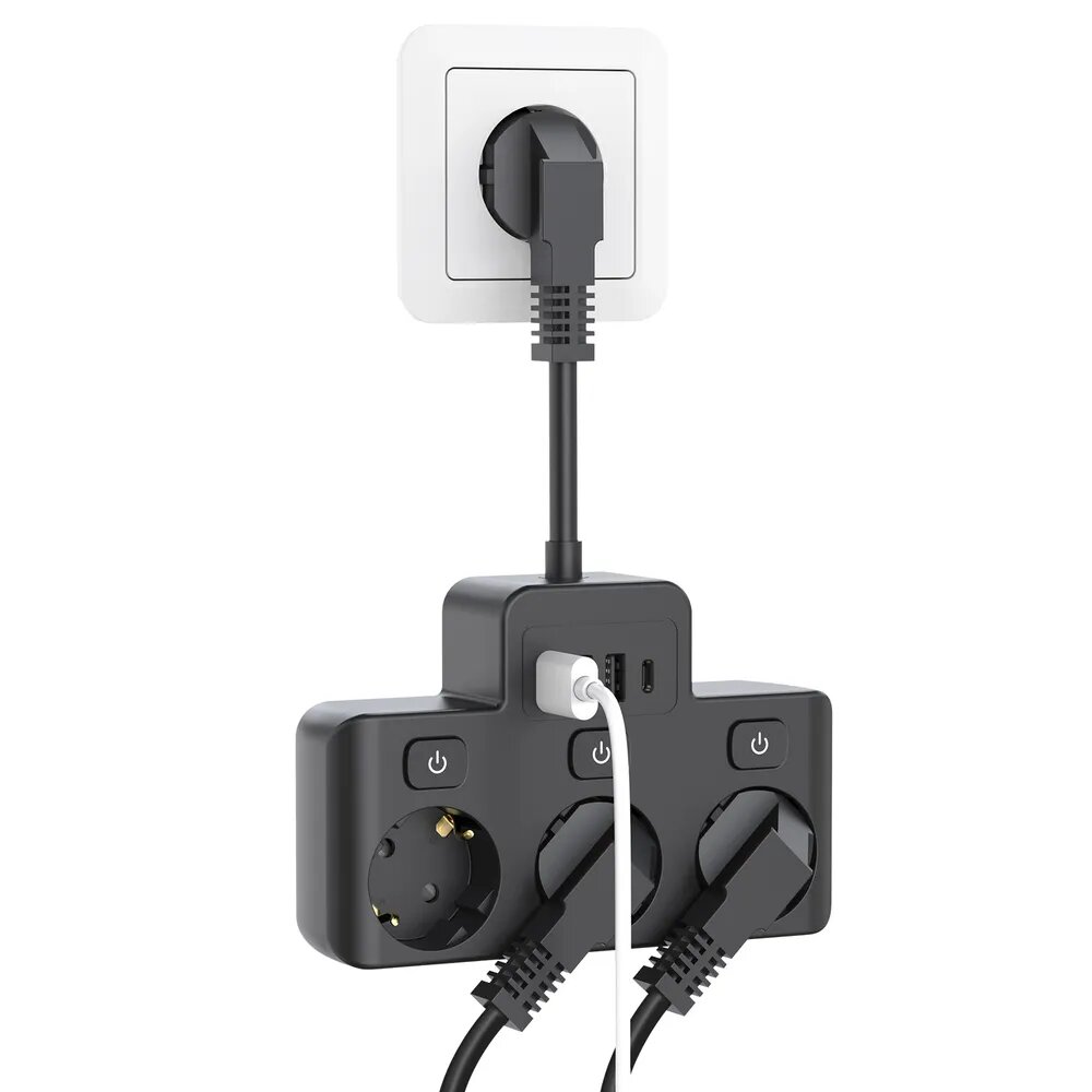 Многофункциональная розетка-удлинитель 7-в-1 с 3 розетками Schuko, 3 USB-A и 1 Type-C — фото 1