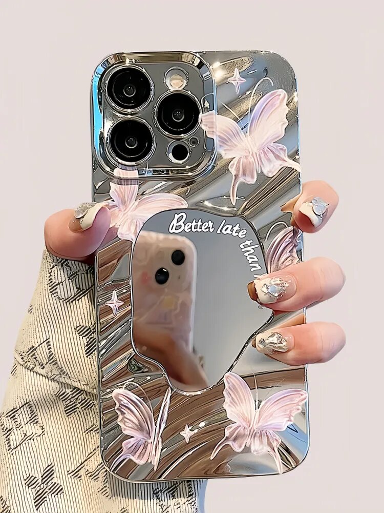 Чехол на айфон 16 про макс / Бабочка с зеркальной поверхностью Женский чехол для телефона косметическое зеркало для айфон 16 про макс чехол / Со встроенной защитной пленкой для камеры (Miracle cover)